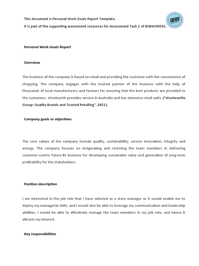 BSBWOR501 Personal Work Goals Report Template.v1.2.Edited | PDF | Goal ...