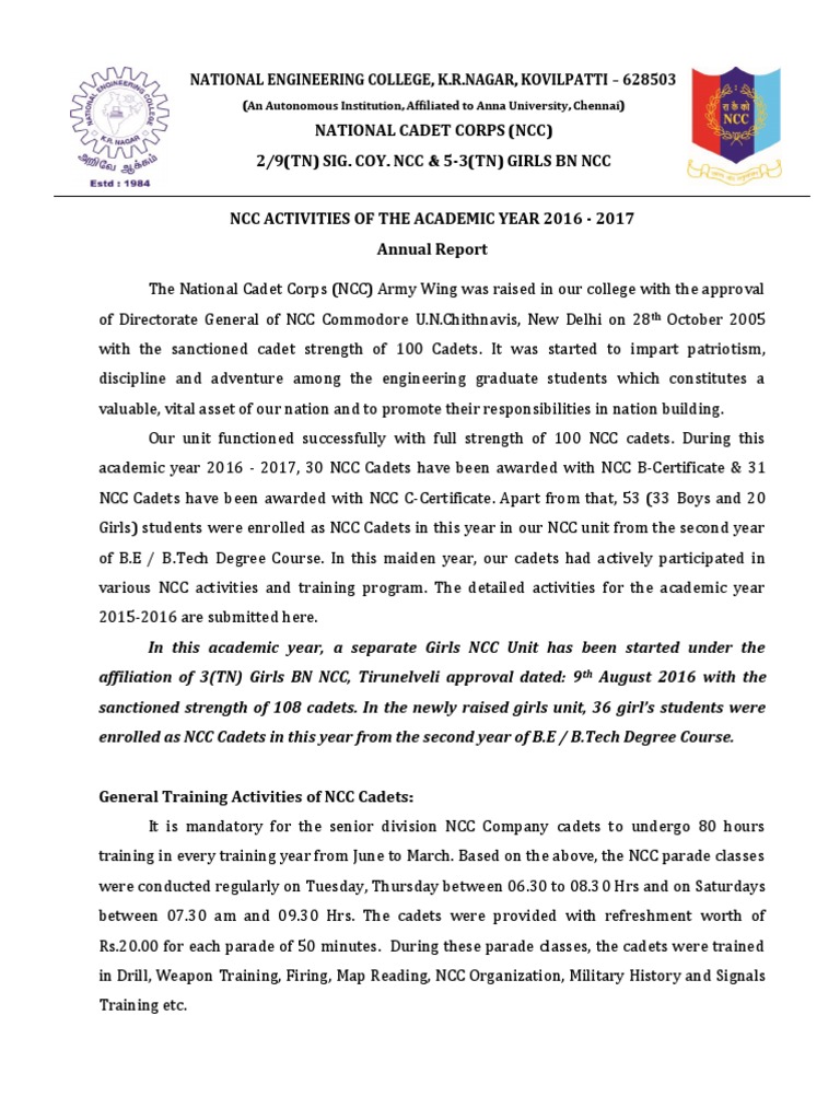 NCC Day Report 2016-2017 | PDF | Military Education And Training ...