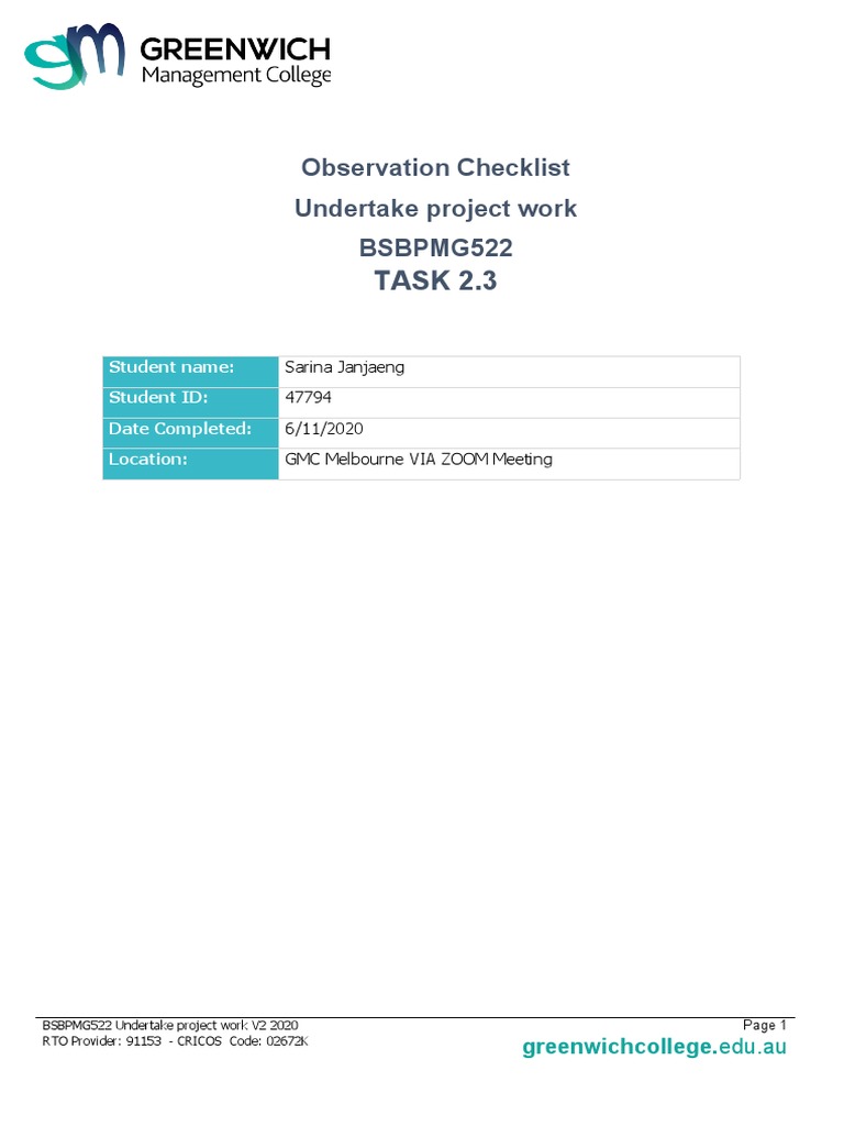 Observation Checklist Task 2.3 - BSBPMG522 | PDF | Educational ...