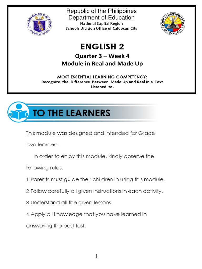 English 2: Quarter 3 - Week 4 Module in Real and Made Up | PDF | Learning