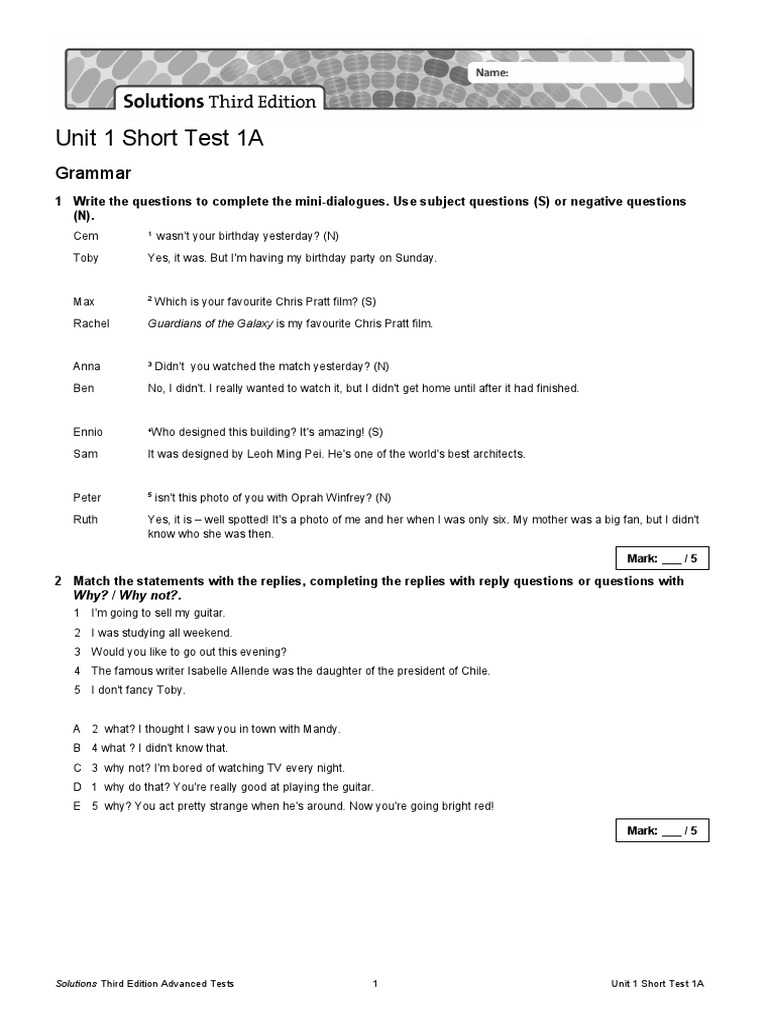 Unit 1 Short Test 1A: Grammar | PDF