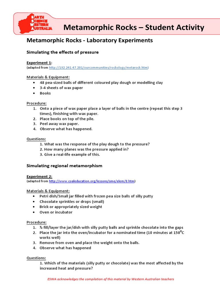 Metamorphic Rocks - Student Activity | PDF | Rock (Geology) | Natural ...