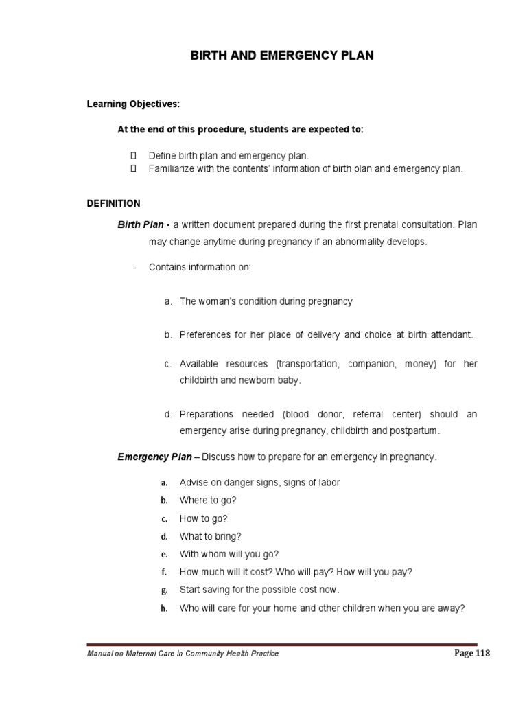 Birth and Emergency Plan: Learning Objectives: at The End of This ...