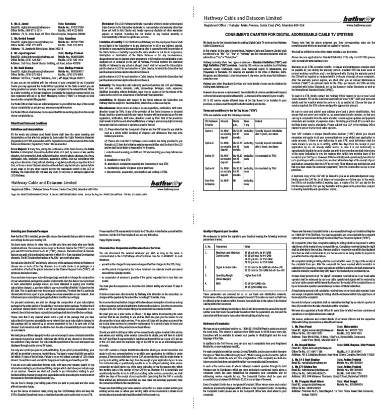 Hathway Cable and Datacom Limited: Consumer'S Charter For Digital ...