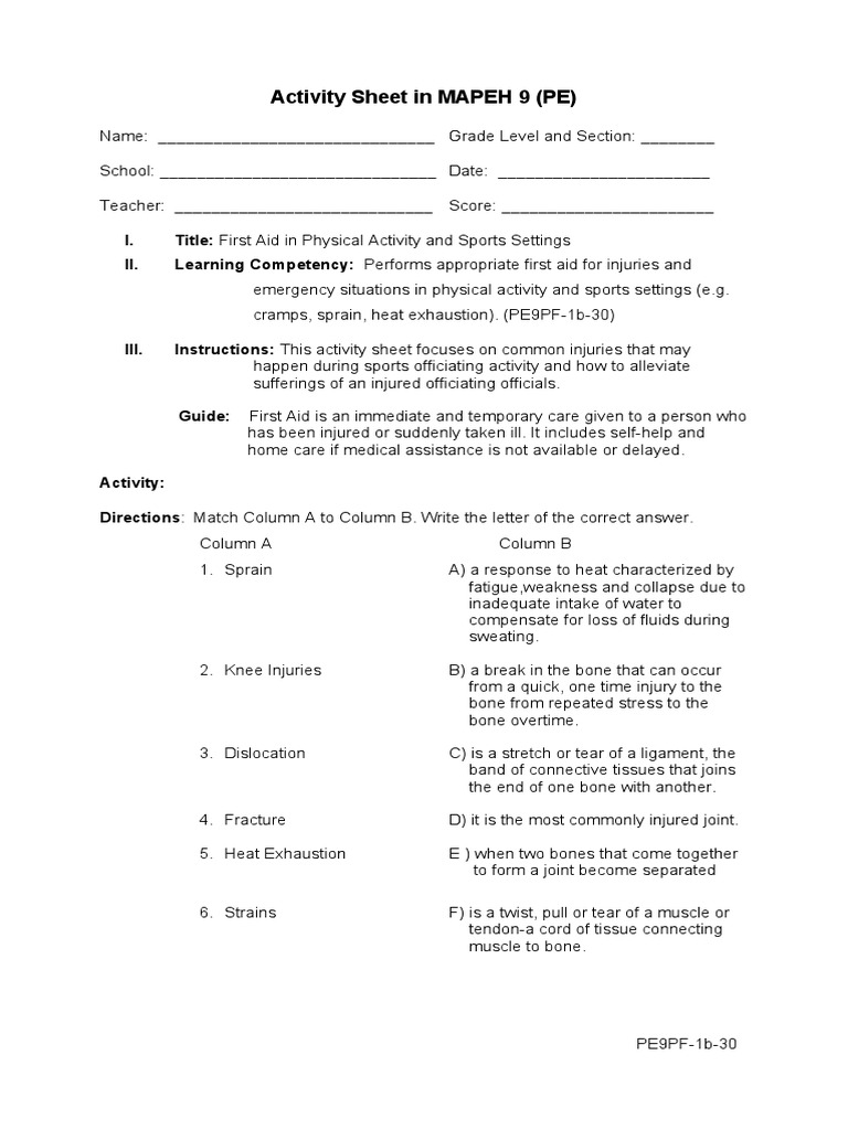 GRADE 9 Q1 PART TWO Activity Sheet PE PE9PF Ib 30 Ok | PDF | First Aid ...