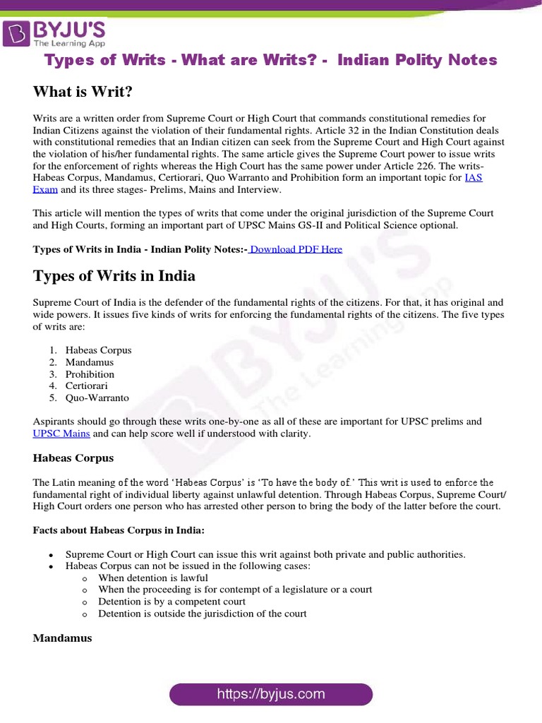What Is Writ?: Types of Writs - What Are Writs? - Indian Polity Notes ...
