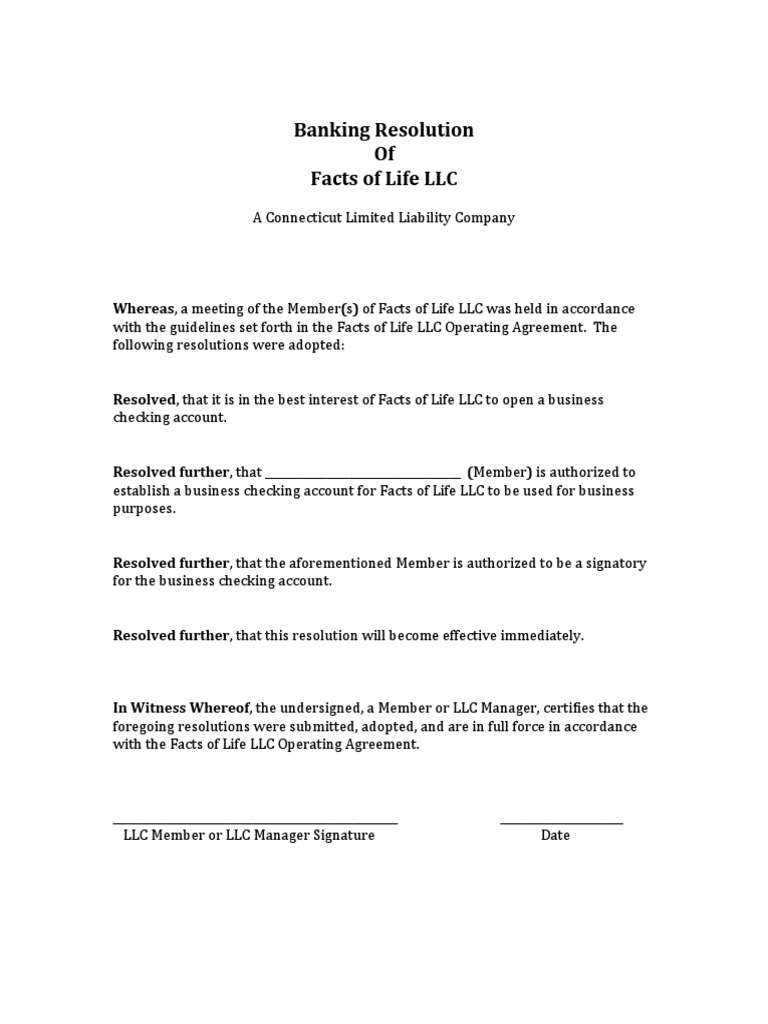 Banking Resolution of Facts of Life LLC | PDF