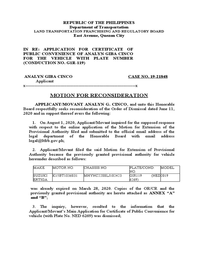 Motion For Reconsideration - ltfrb1 | PDF | Justice | Crime & Violence