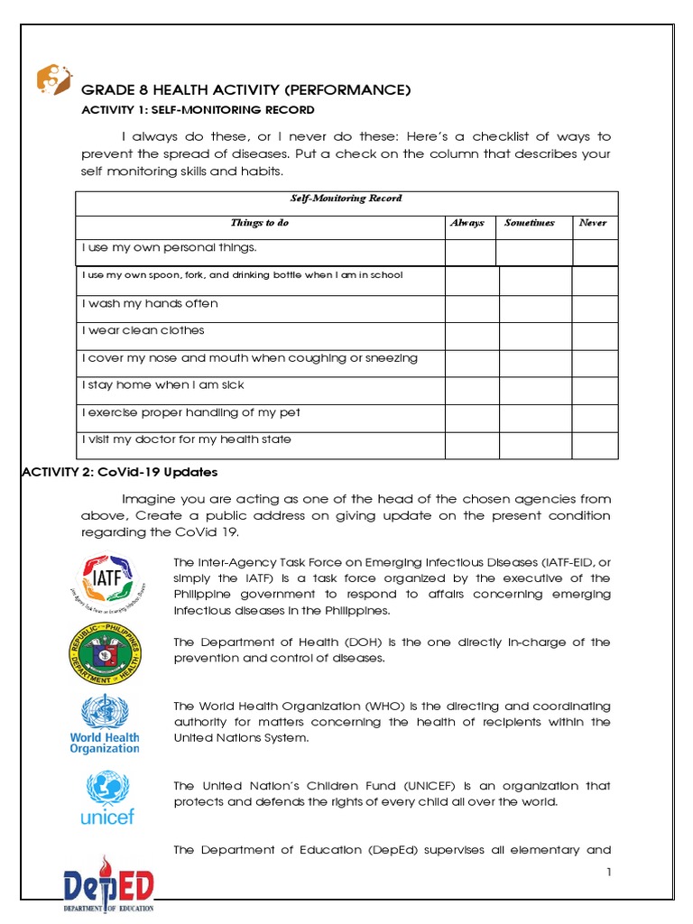 Grade 8 Health: Self-Monitoring & COVID Updates | PDF | Wellness | Medical