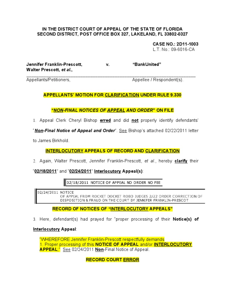 Appellants' Motion for Clarification | Appeal | Judgment (Law) | Free ...