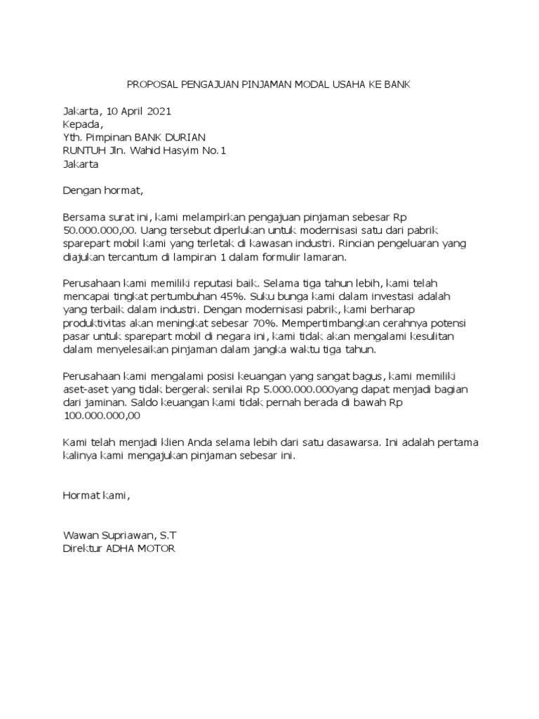 Proposal Pinjaman Modal Usaha ADHA MOTOR | PDF