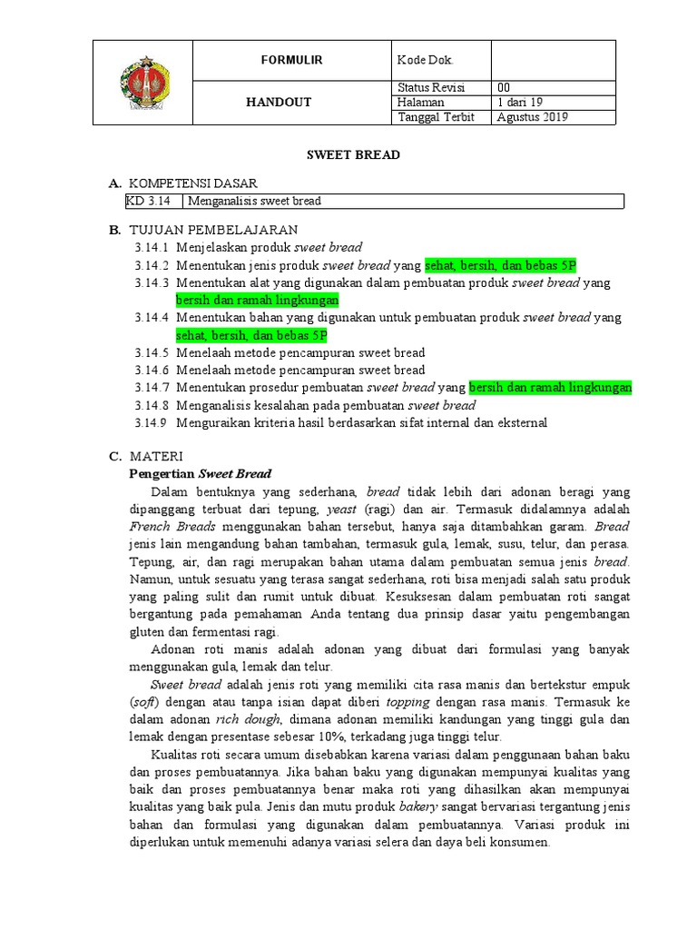 Handout Sweet Bread | PDF