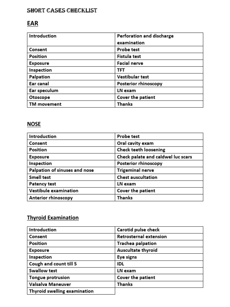 ENT Examination Checklist and Guidelines | PDF | Physical Examination ...