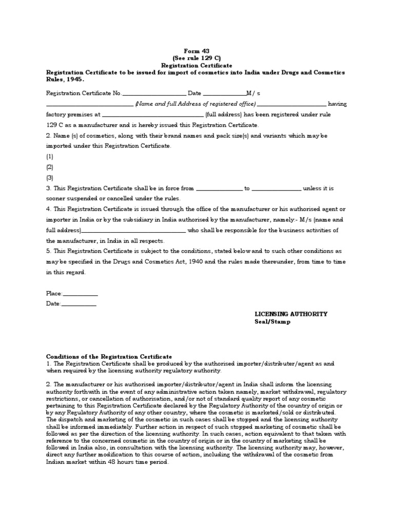 Form 43 | Download Free PDF | License | Cosmetics