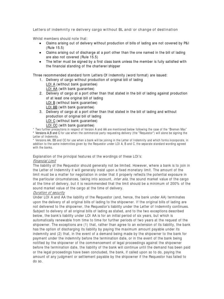 Letters of Indemnity Re Delivery Cargo Without BL And/or Change of ...