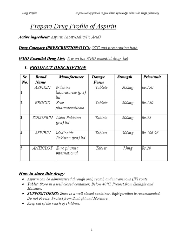 Prepare Drug Profile of Aspirin: 1. Product Description | PDF | Aspirin ...
