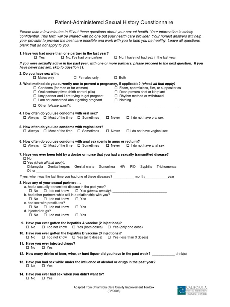 Patient Administered Sexual History Questionnaire Pdf Sexual