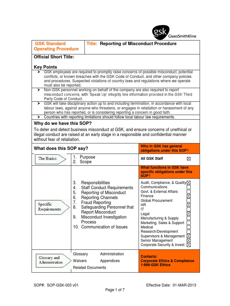 Reporting of Misconduct Procedure Sop GSK 003 | PDF | Regulatory ...