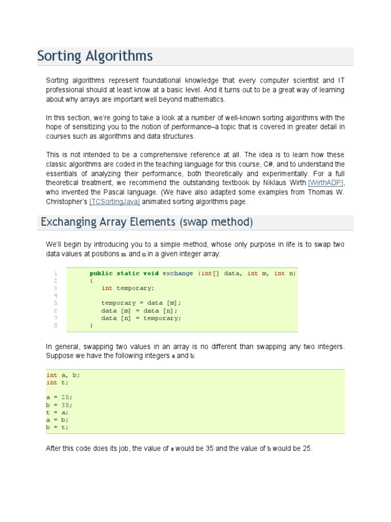 Sorting Algorithms: Exchanging Array Elements (Swap Method) | PDF | Array Data Structure ...