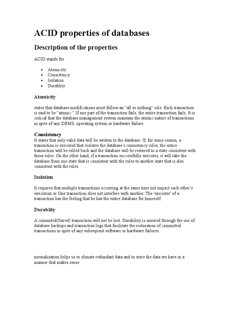 Acid Properties and Normalization | PDF | Database Transaction | Databases