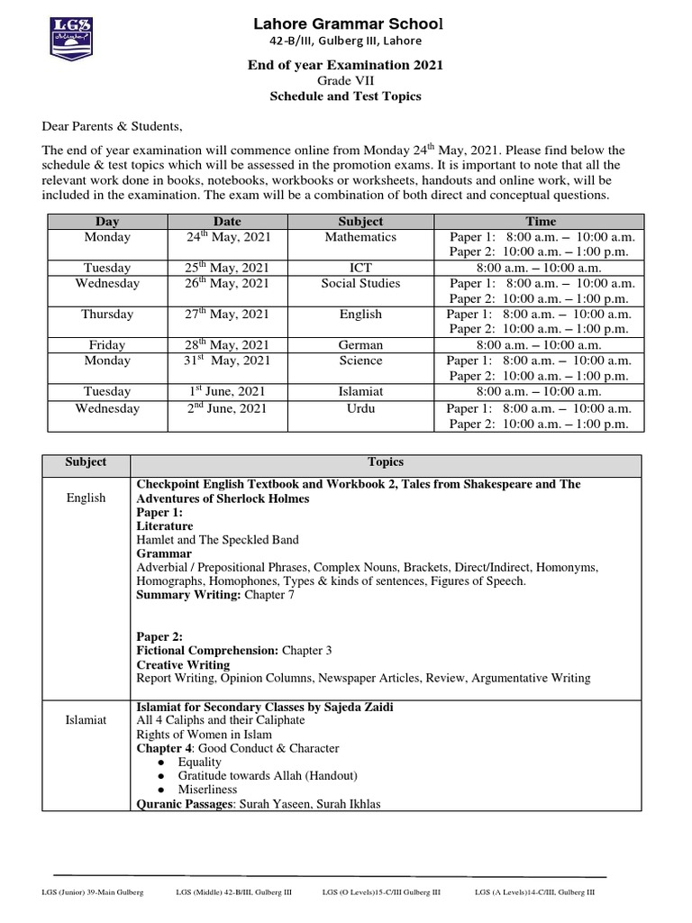 LGS Grade VII Musa Murtaza Final Exam 2021 Schedule & Test Topics Grade VII | PDF | Linguistics ...