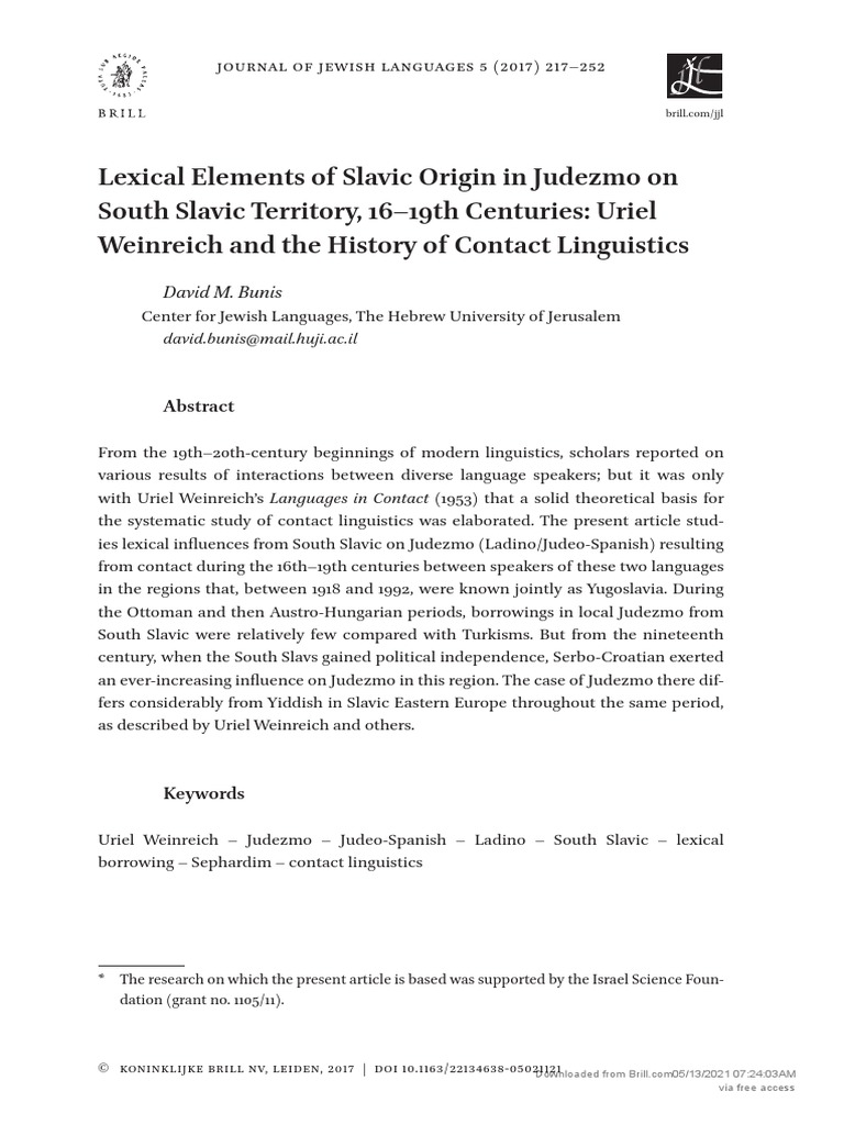 Lexical Elements of Slavic Origin in Judezmo On South Slavic Territory ...
