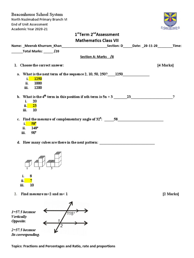 1 Term 2 Assessment Mathematics Class VII: Beaconhouse School System ...