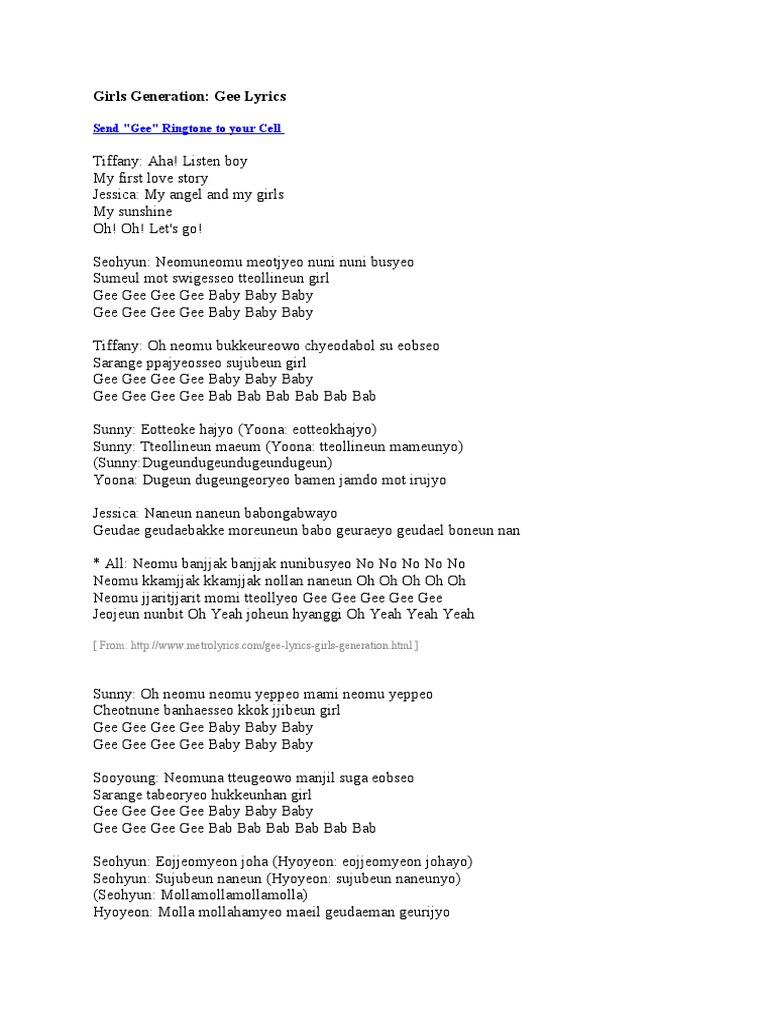 Gee Lyrics" - An analysis of the lyrics to the 2009 hit song "Gee | PDF