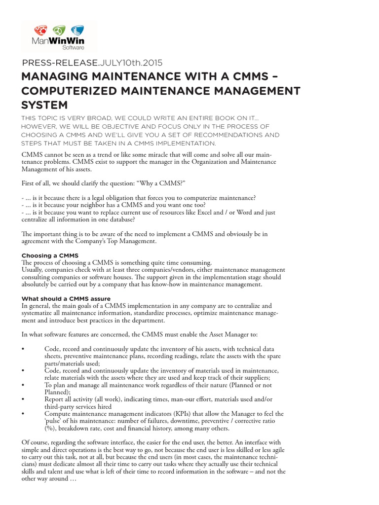Managing Maintenance With A Cmms - Computerized Maintenance Management ...