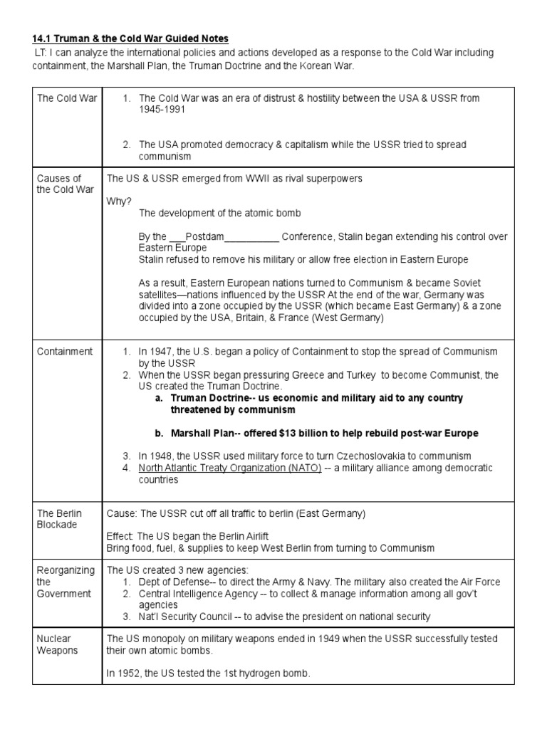 14.1 Truman & The Cold War Guided Notes | PDF | Cold War | Korean War