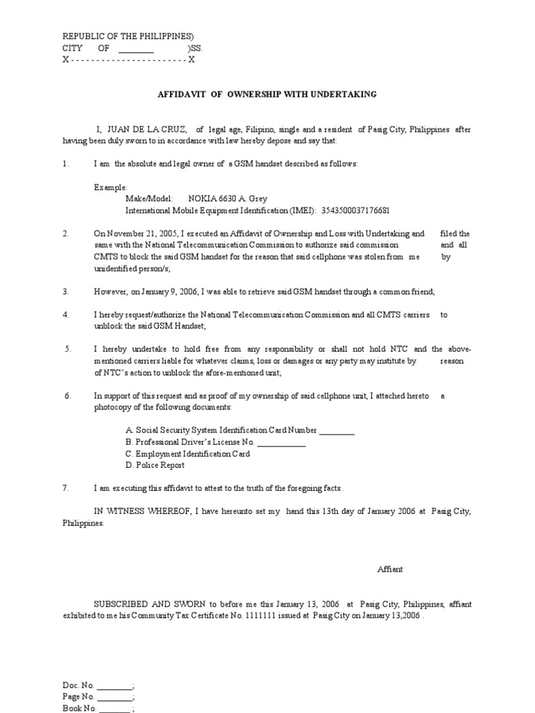 Affidavit of Ownership with Undertaking