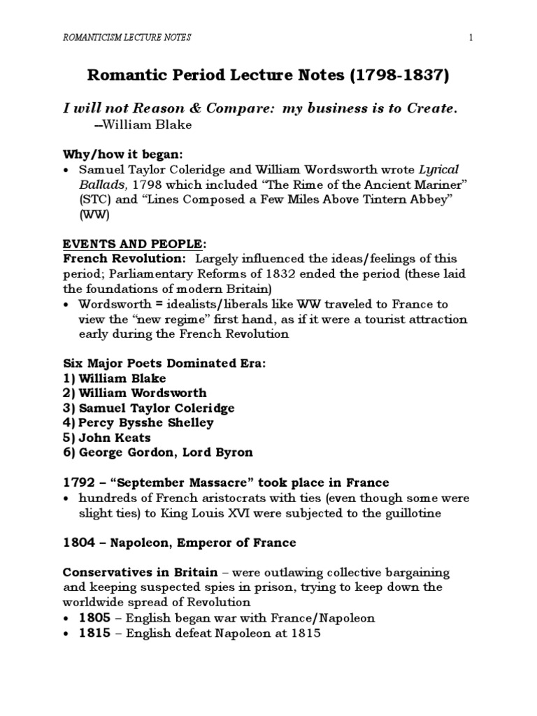 Romantic Period Lecture Notes (1798-1837) : I Will Not Reason & Compare ...