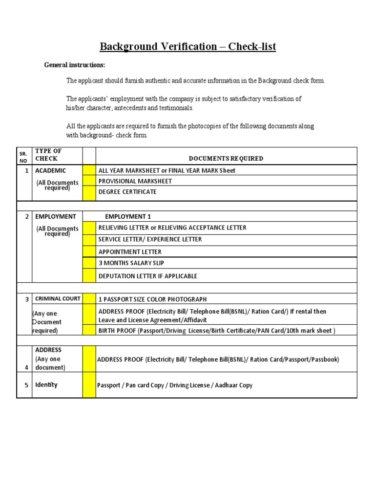 Background Verification Document Checklist | PDF