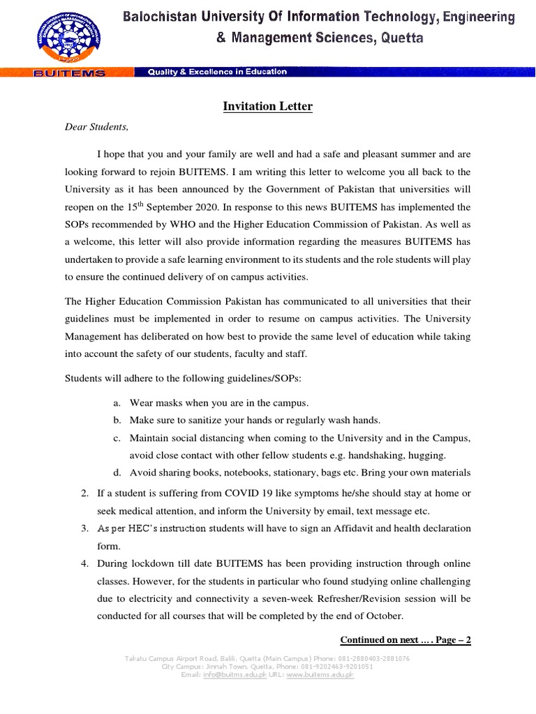 Invitation Letter: Dear Students | PDF | Further Education