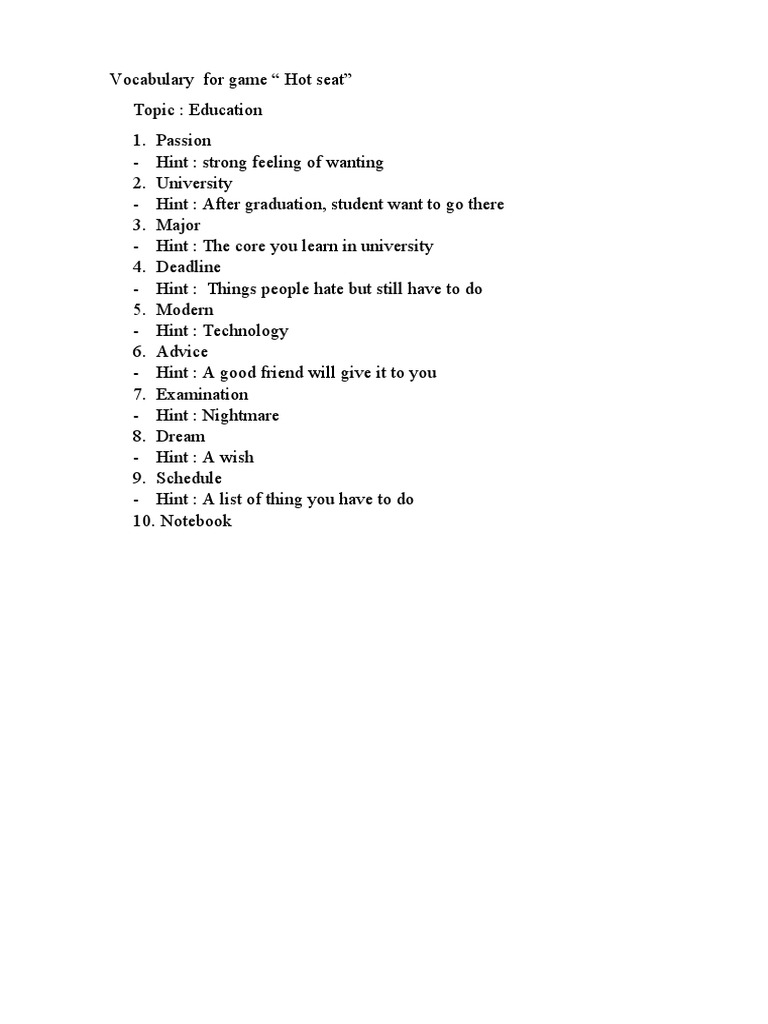 Hot Seat Vocabulary for Kids | PDF