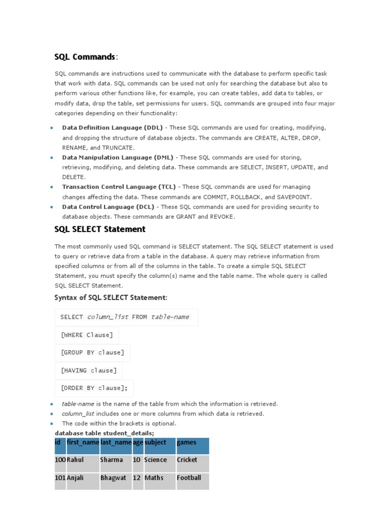 SQL Commands | PDF | Database Index | Relational Database SQL Commands | PDF | Database Index | Relational Database