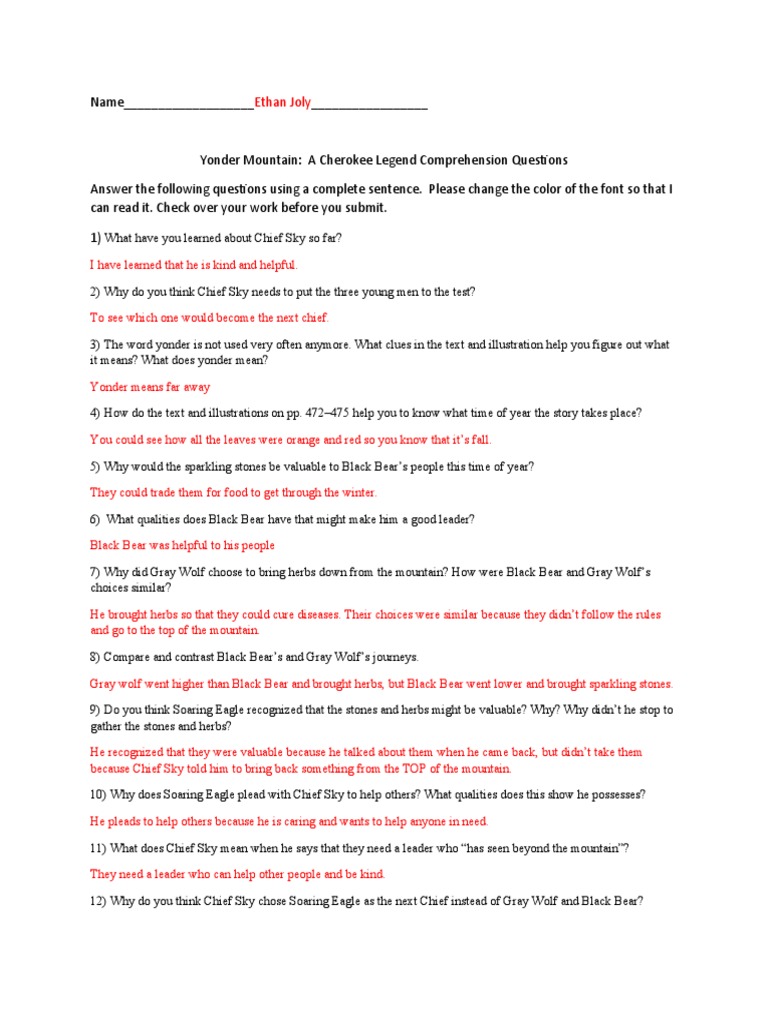 Yonder Mountain Legend Comprehension | PDF