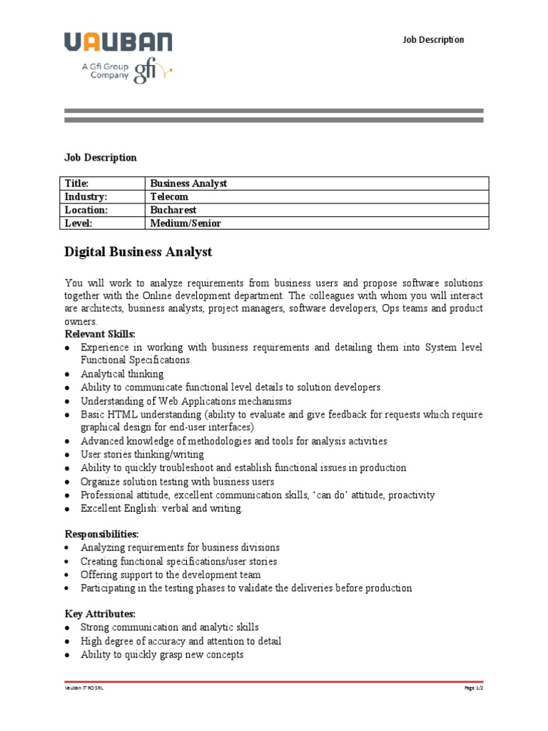 Jd Business Analyst Digital Online Pdf Agile Software Development