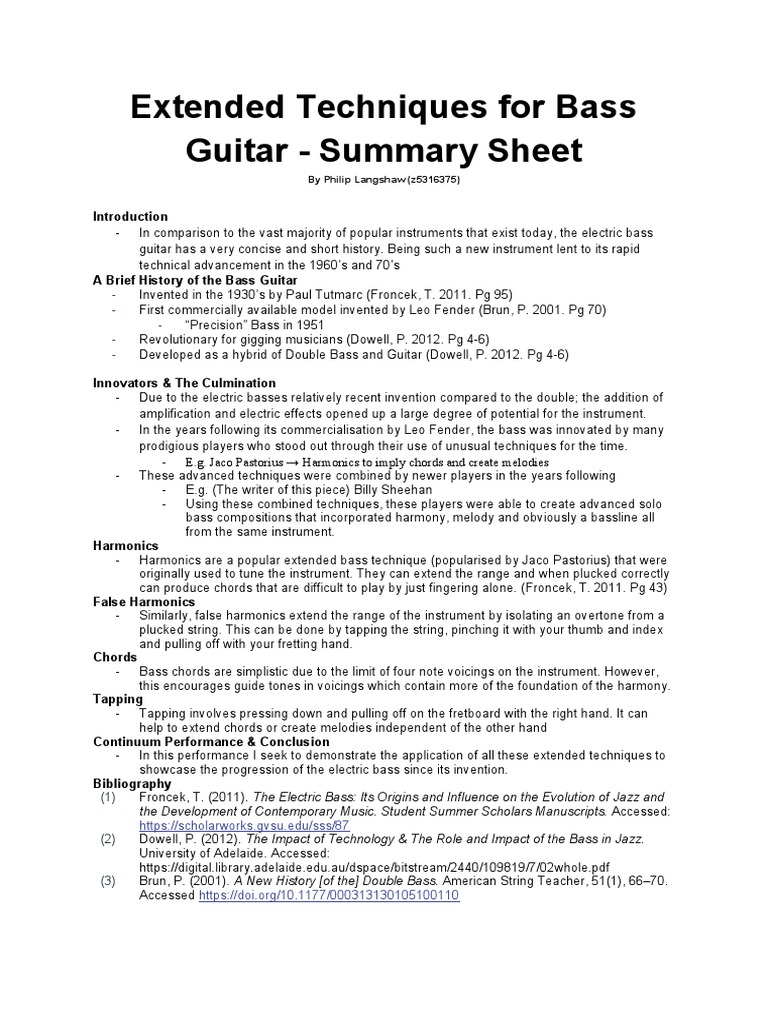 Extended Techniques for Bass Guitar: Demonstrating the Progression of ...