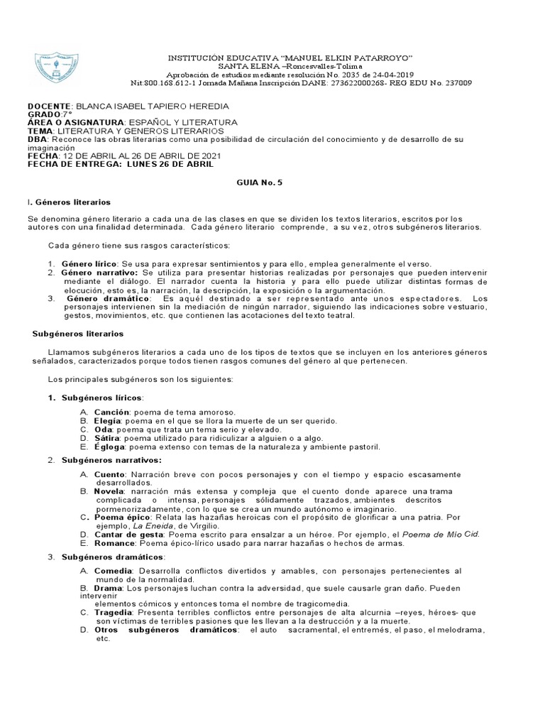 GRADO 7º. GENEROS LITERARIOS. ESPAÑOL. GUIA No.5 | PDF | Narrativa ...
