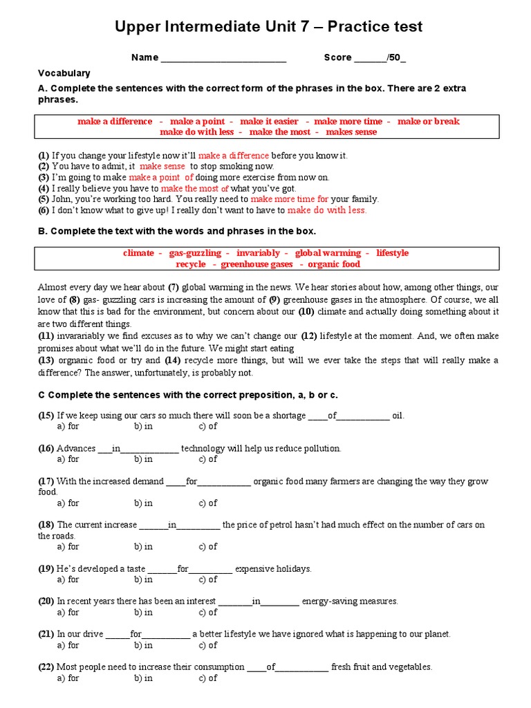 Upper Intermediate Unit 7 Practice Test | PDF | Climate Change | Foods