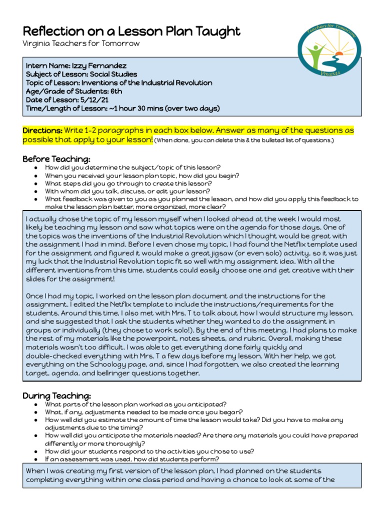 Reflection On A Lesson Plan Taught: Before Teaching | PDF | Lesson Plan ...