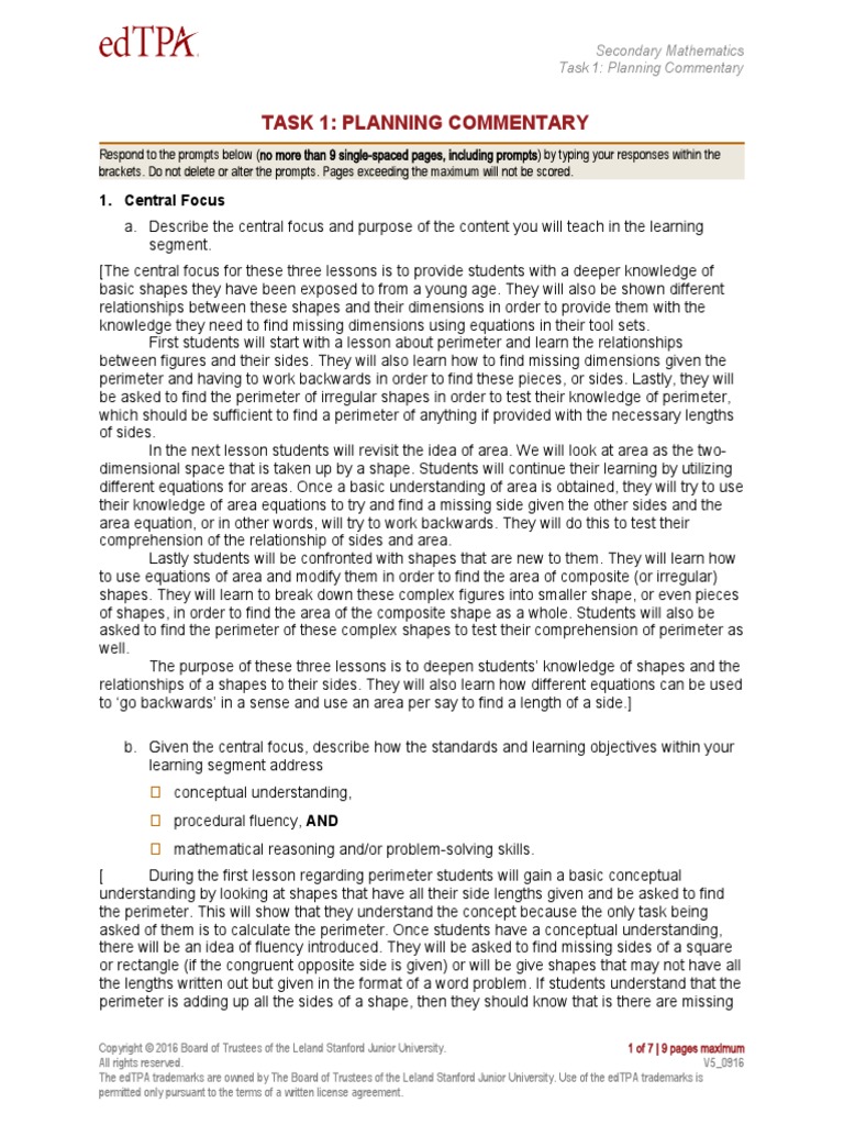 Planning Commentary Official | PDF | Area | Learning