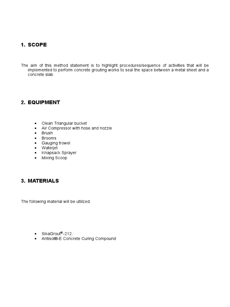 Method Statement - Grouting Stainless Steel | PDF | Personal Protective Equipment | Concrete