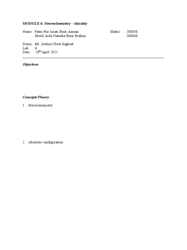 Lab Report 6 CHEM | PDF | Chirality (Chemistry) | Organic Chemistry