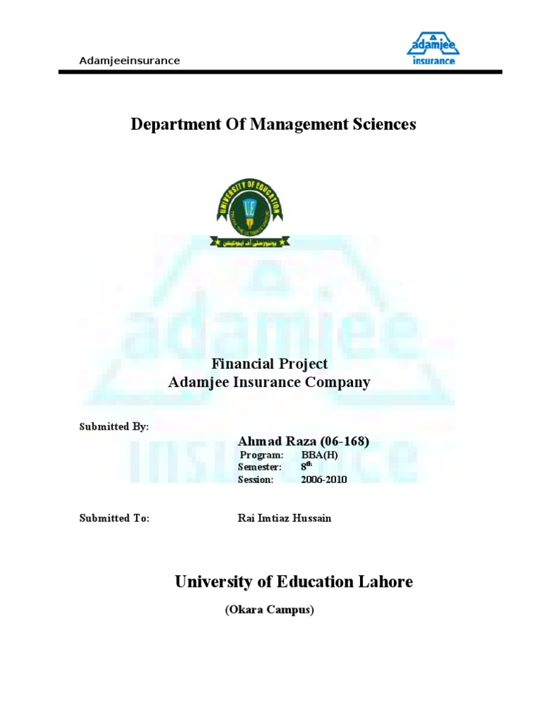 Department of Management Sciences: Financial Project Adamjee Insurance ...
