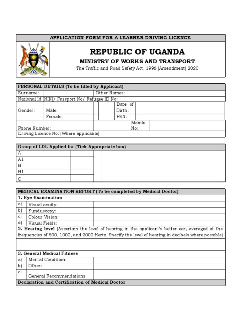 Uganda Learner Driving Licence Application | PDF