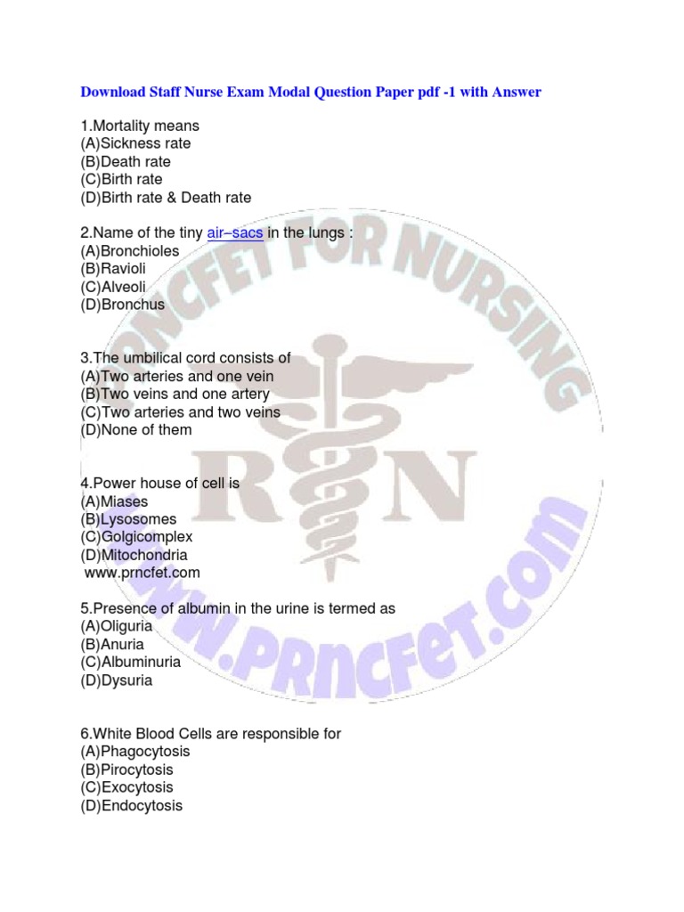 Staff Nurse Exam Modal Question Paper PDF - 1 With Answer | PDF ...