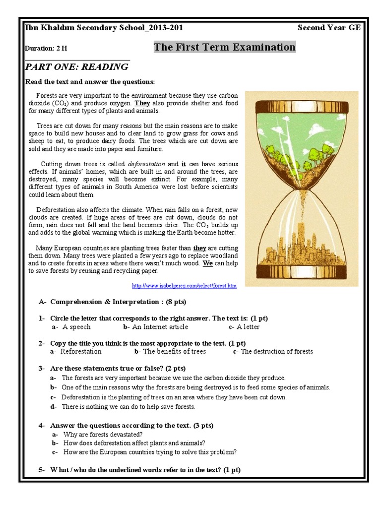 The First Term Examination: Part One: Reading | PDF | Deforestation | Forests