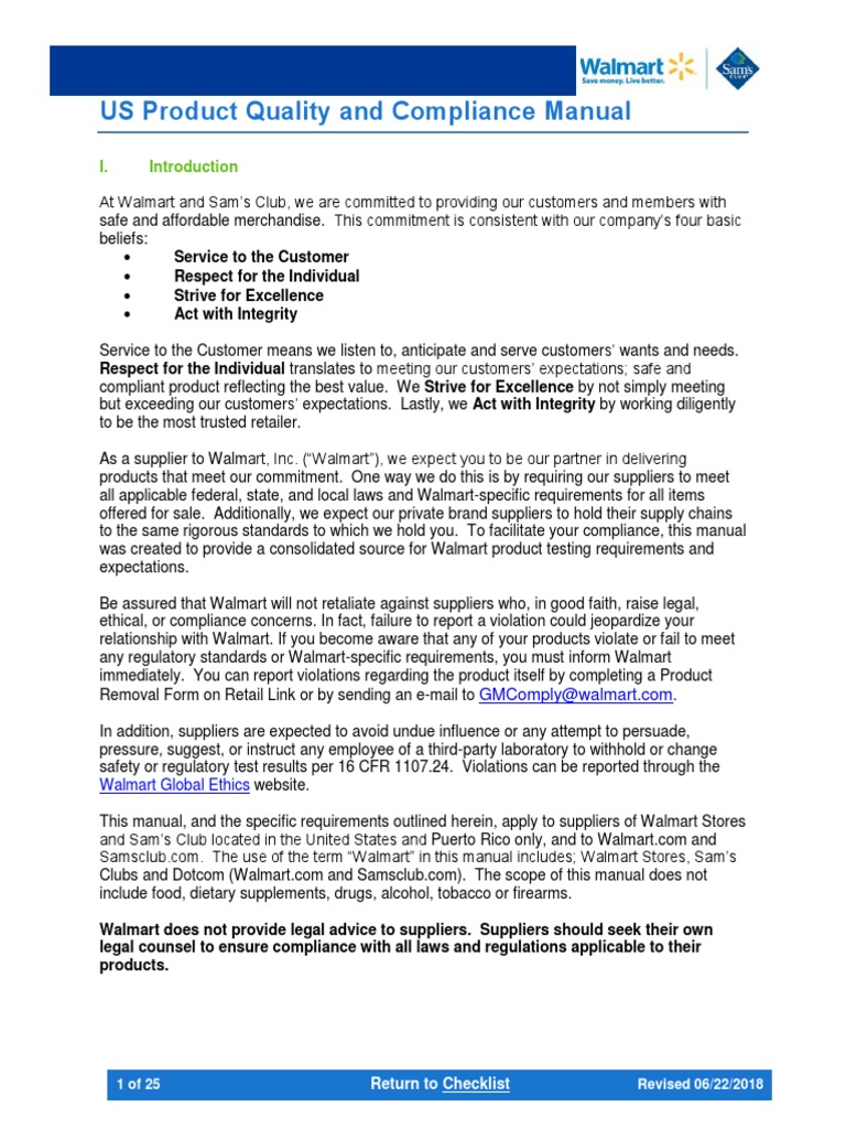 US Product Quality and Compliance Manual: Walmart Global Ethics | PDF ...